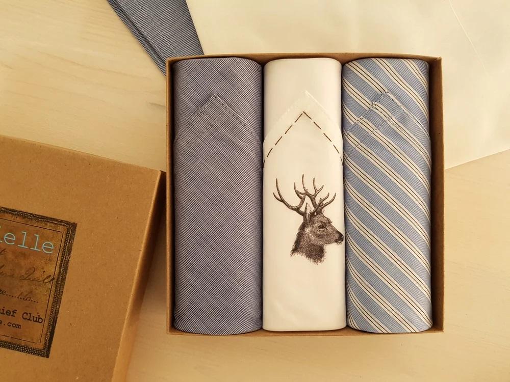 Stag White & Blue Design Handkerchiefs - Set of 3 | A Gentleman's Bits