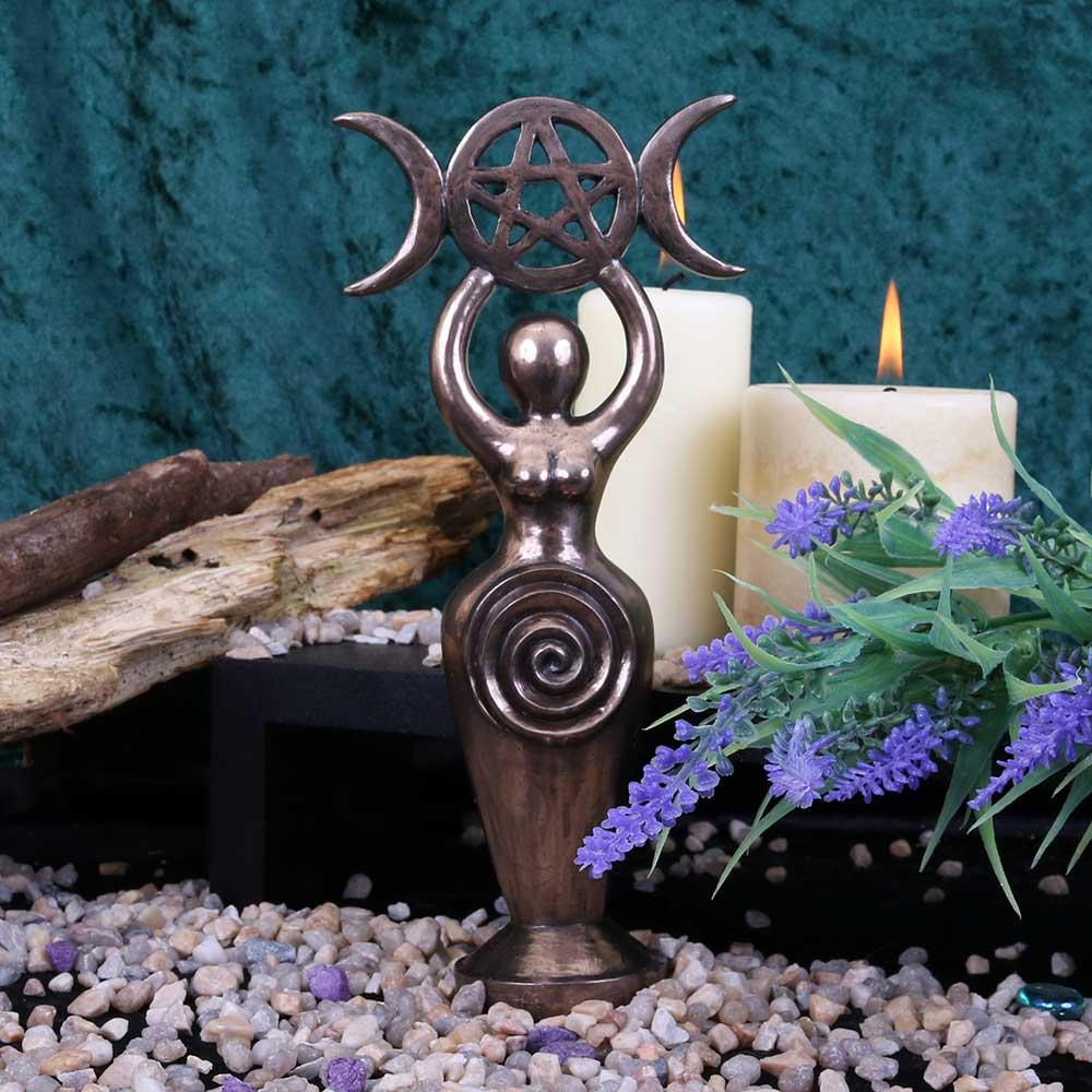 Triple Goddess Figurine Bronzed Wiccan Idol Ornament | Gothic Gifts