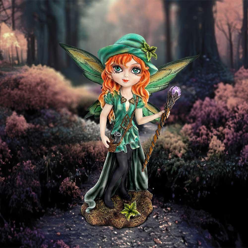 Forest Fae Fairy with Jewel Staff and Dragon Figurine | Gothic Gifts