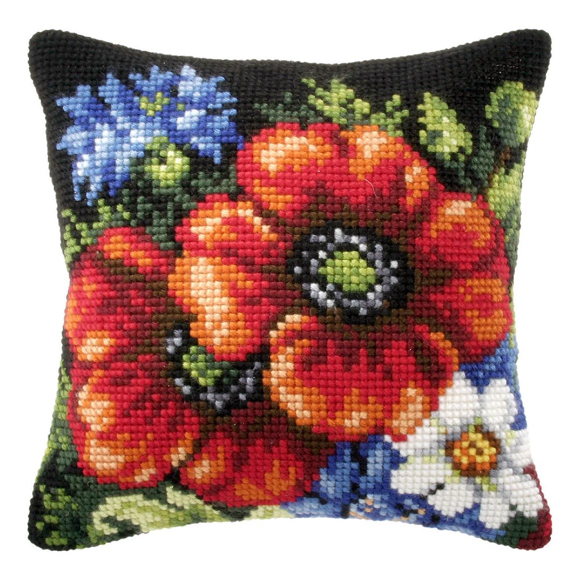 Wildflowers on Black Background - Cushion Cross Stitch Kit | Stitch Shop