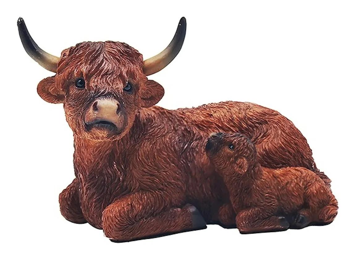 Highland Cow with Calf Colour Figurine | Bronze Gifts