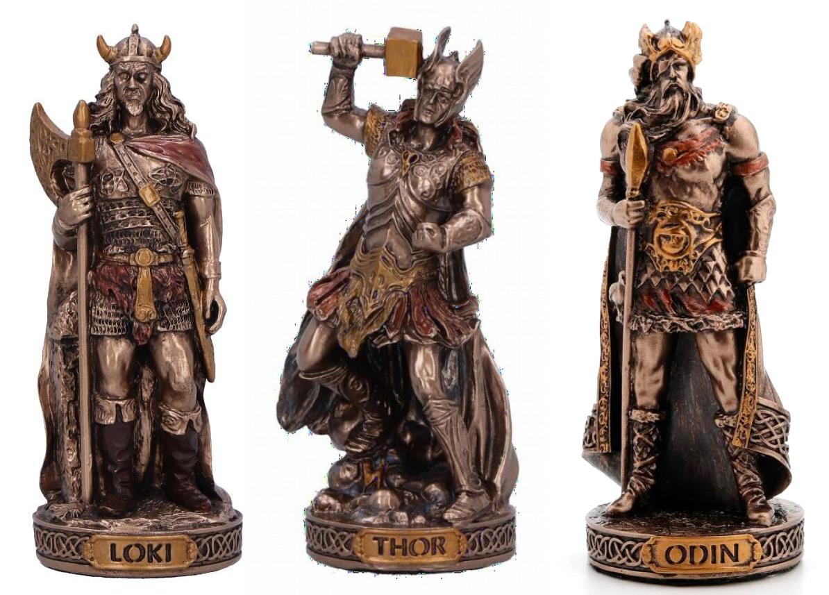 Odin, Thor & Loki - Set of 3 Norse Gods Bronze Miniature Figurines ...