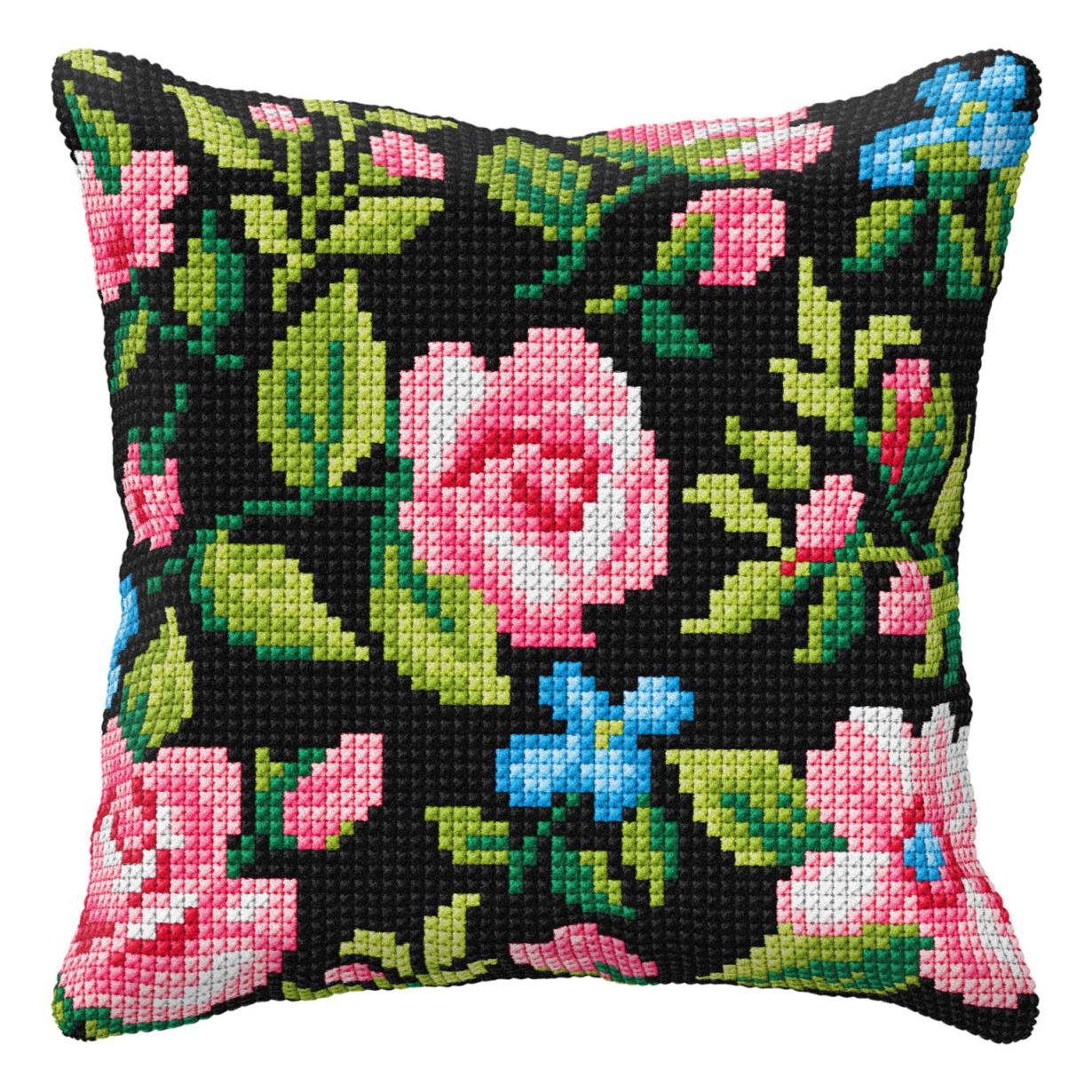 Roses On Black Background - Flowers - Cushion Cross Stitch Kit | Stitch ...