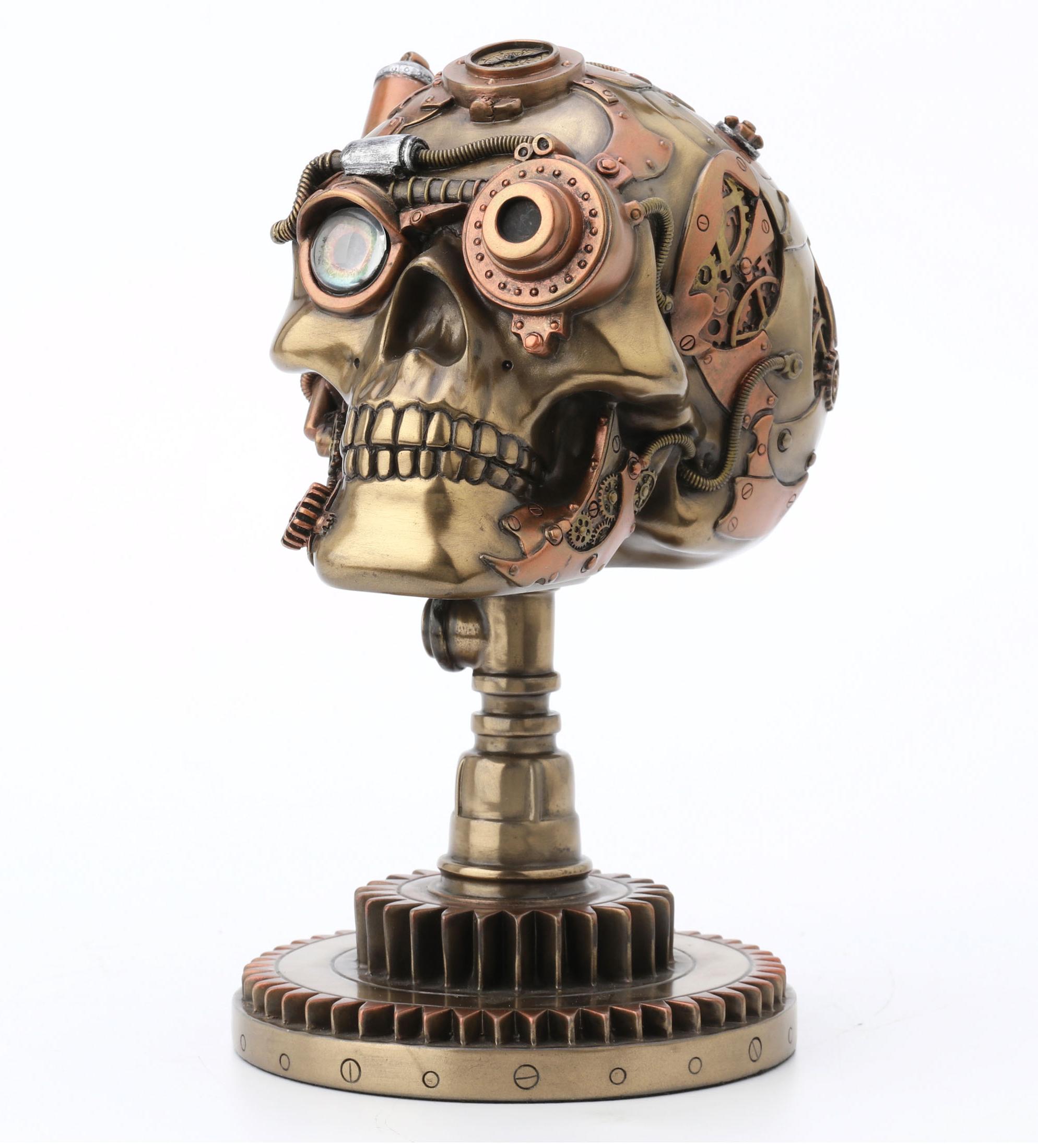 Steampunk Skull On Gear Stand Bronze Figurine (By Veronese) | Gothic Gifts