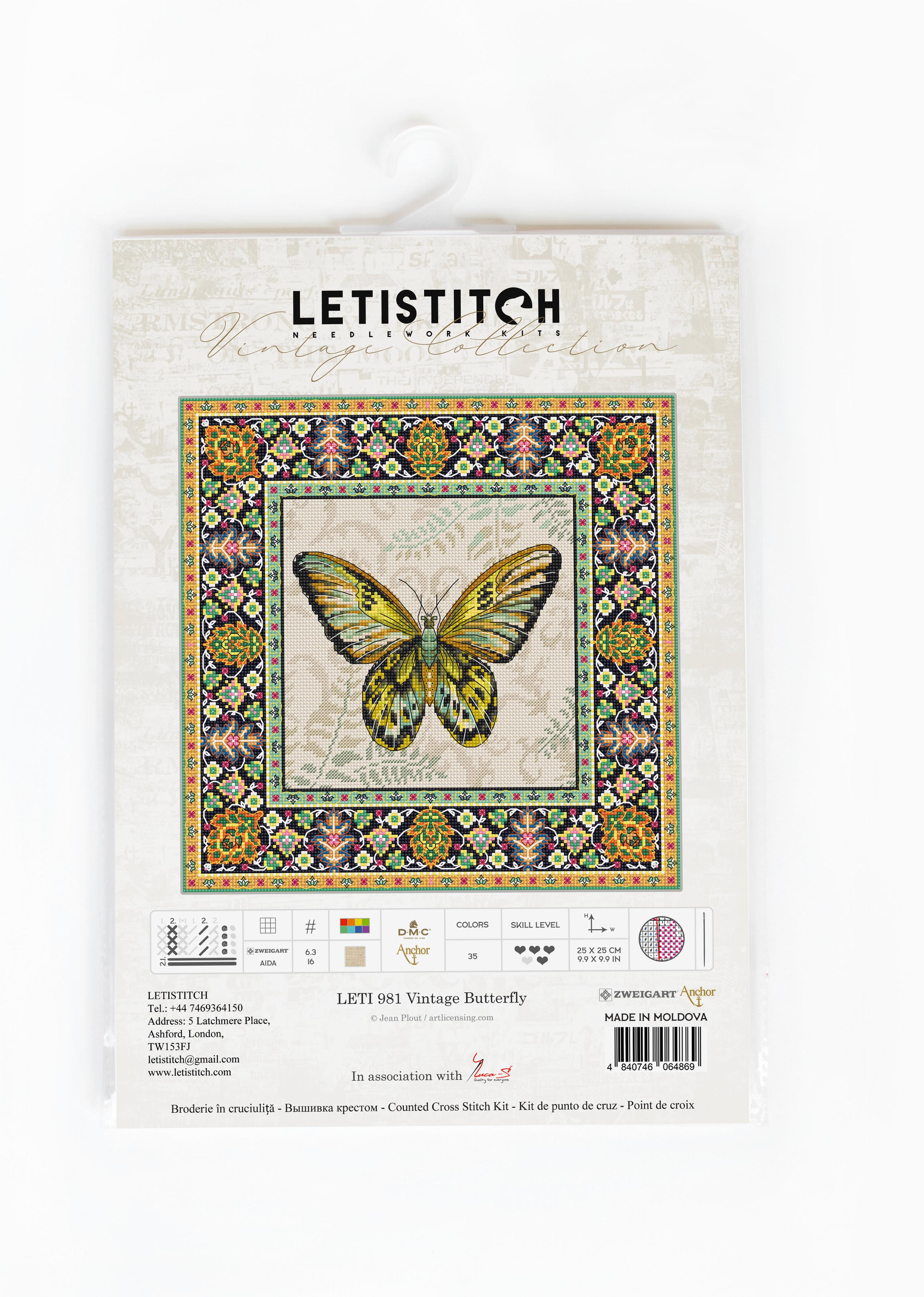 Vintage Butterfly with Floral Border - Cross-Stitch Kit by Letistitch ...