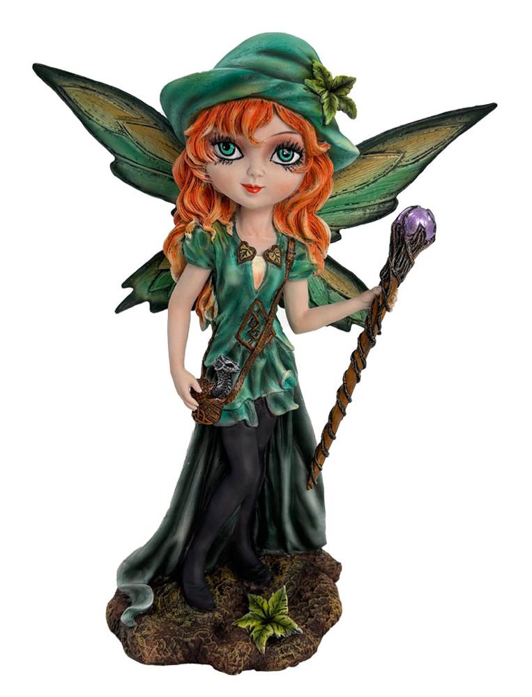 Forest Fae Fairy with Jewel Staff and Dragon Figurine | Gothic Gifts